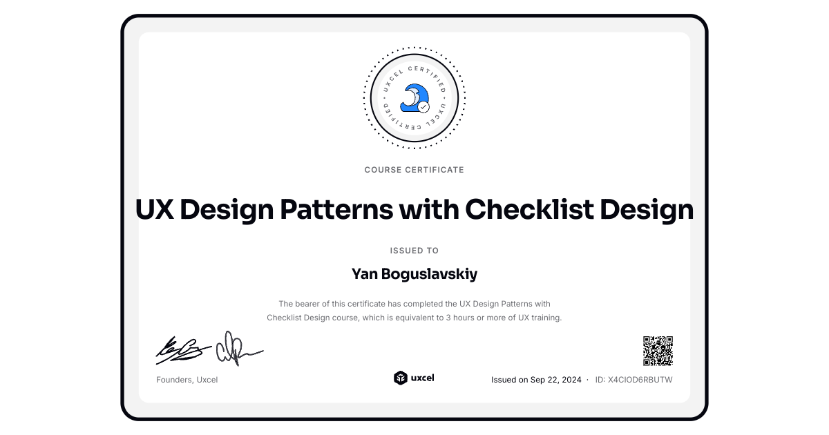 Certificate of completion for UX Design Patterns with Checklist Design | Uxcel